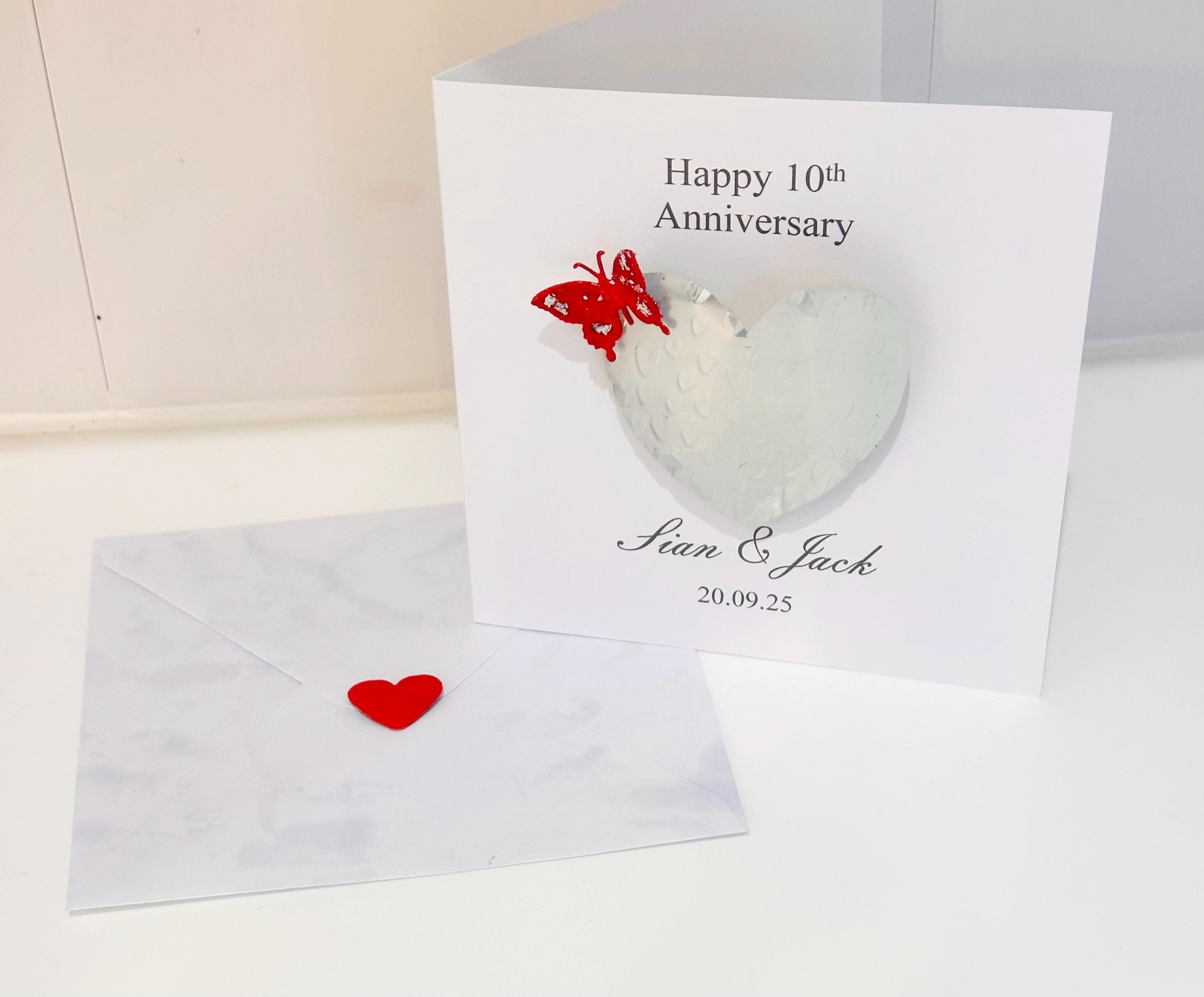 10th anniversary tin card. REAL tin heart card with red butterfly.Recy ...