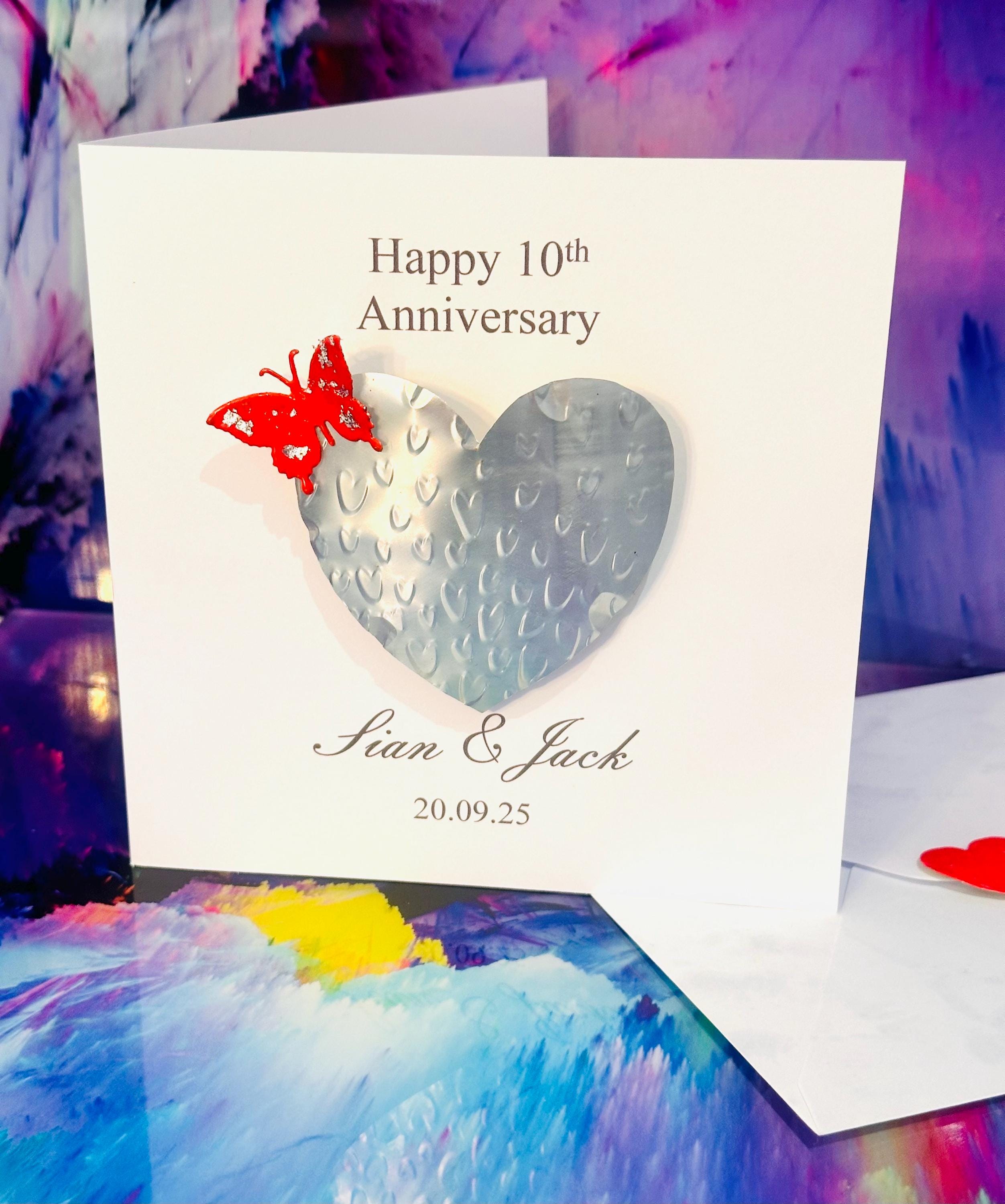 10th anniversary tin card. REAL tin heart card with red butterfly.Recy ...